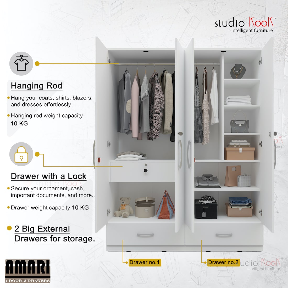 Amari 4 Door 3 Drawer Wardrobe – StudioKook