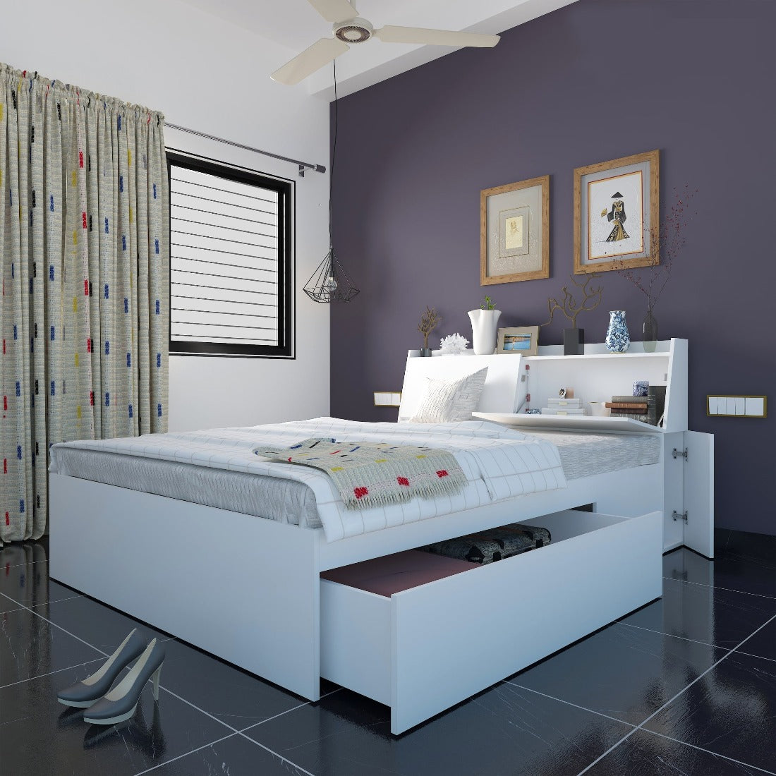 Aztec Right Queen Bed with Headboard Storage and 1 Drawer on Right ...