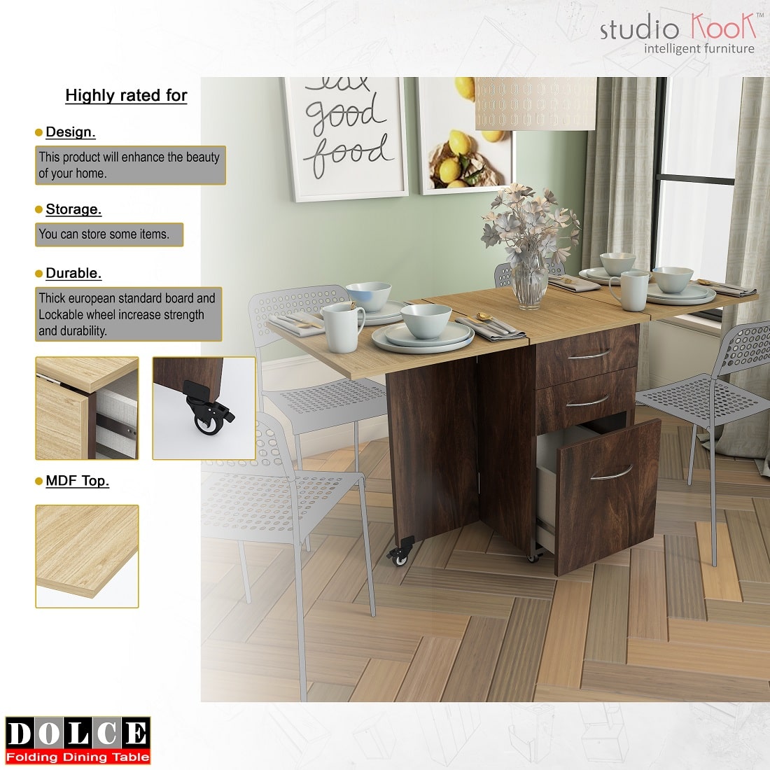 Dolce 4 Seater Folding Dining Table (Junglewood Finish,Without Chairs ...