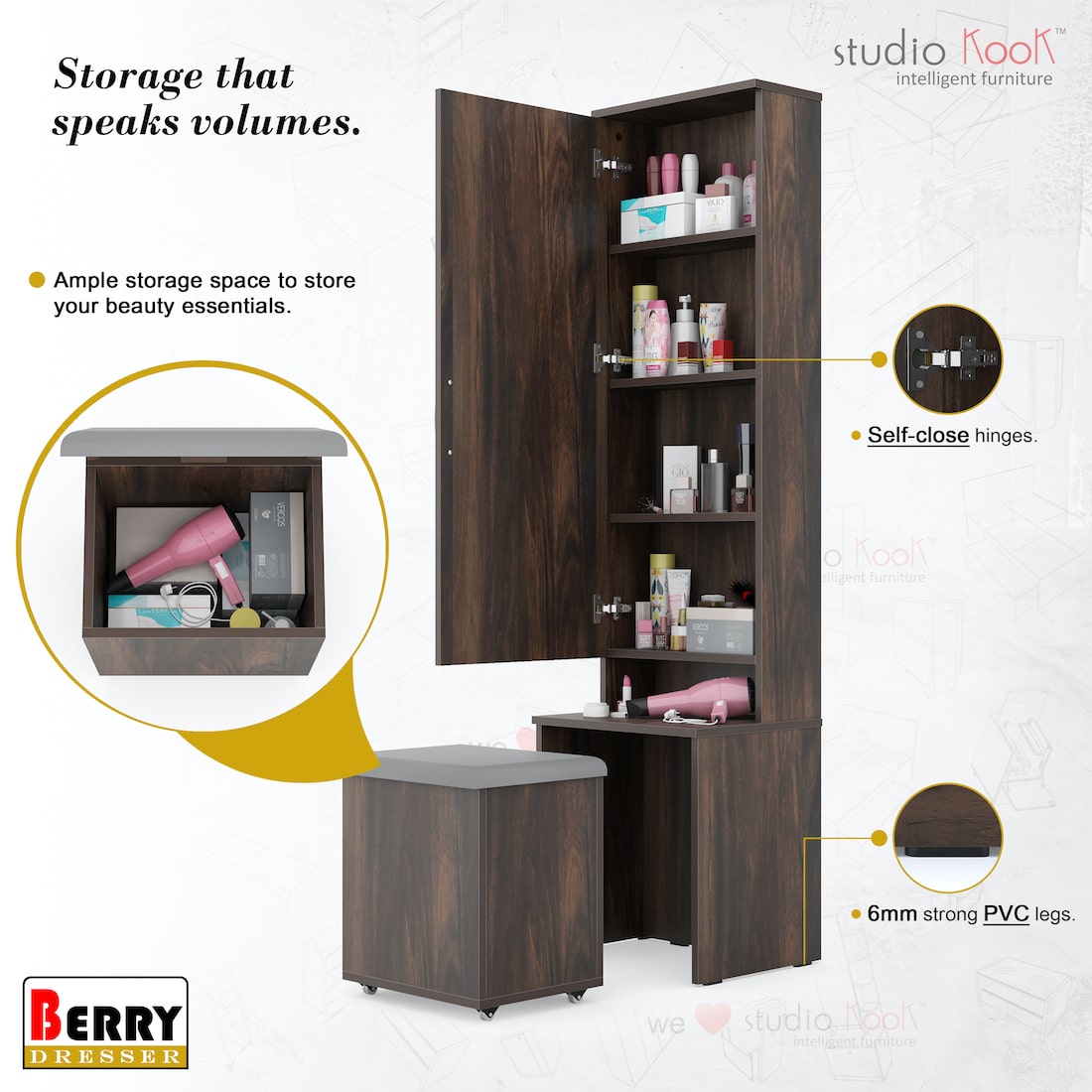 Berry Dresser Unit / Dressing Table with Mirror & Seating – StudioKook