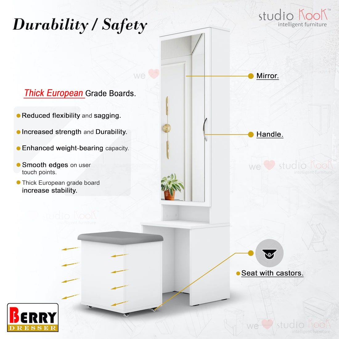 Berry Dresser Unit / Dressing Table with Mirror & Seating – StudioKook