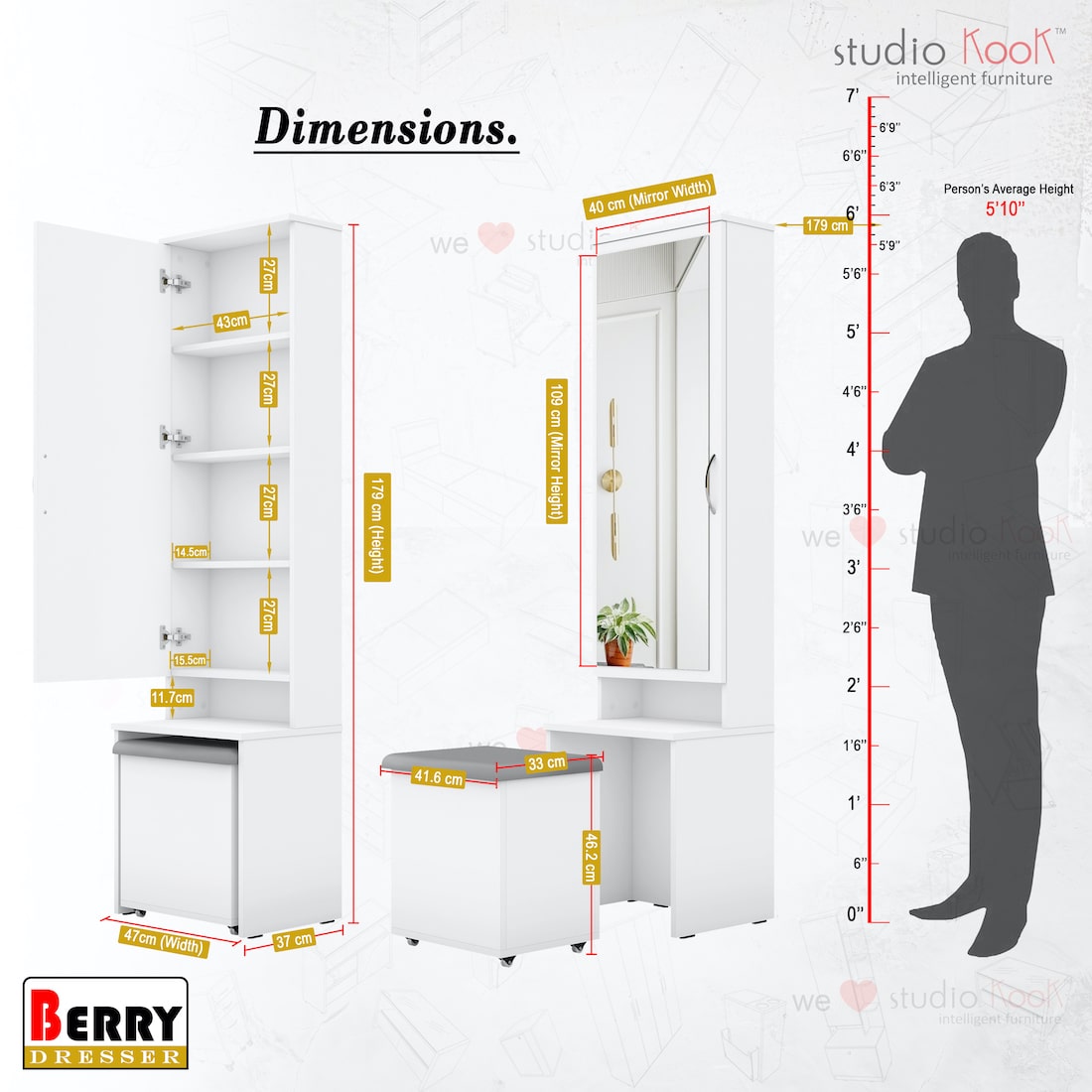 Berry Dresser Unit / Dressing Table with Mirror & Seating – StudioKook