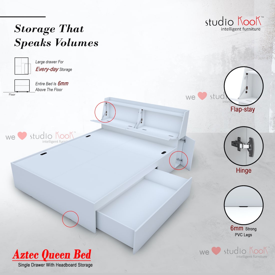 Aztec Right Queen Bed with Headboard Storage and 1 Drawer on Right ...