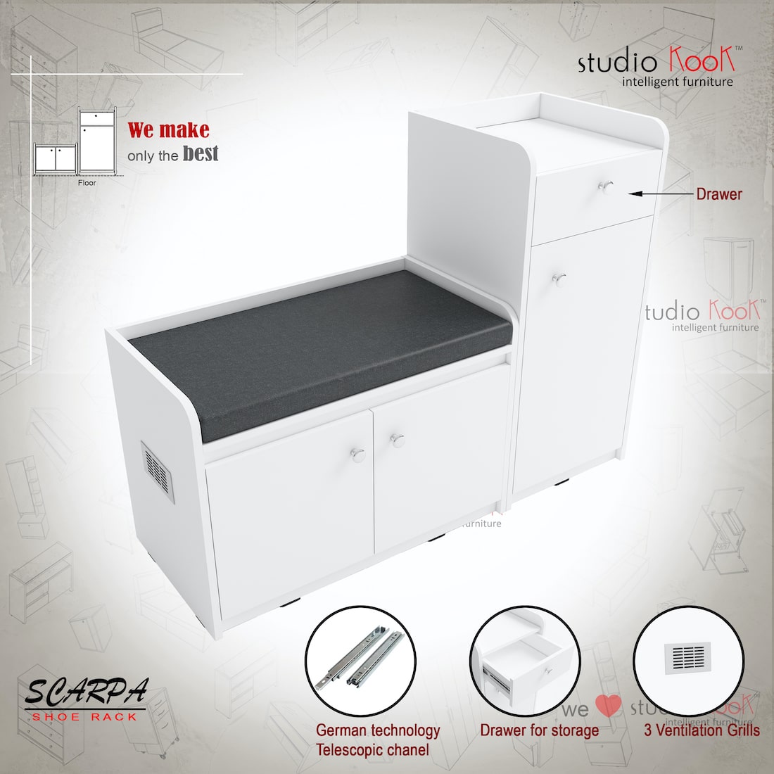 Scarpa Shoerack - 12 pairs capacity Shoe Cabinet with Cushion Seating ...